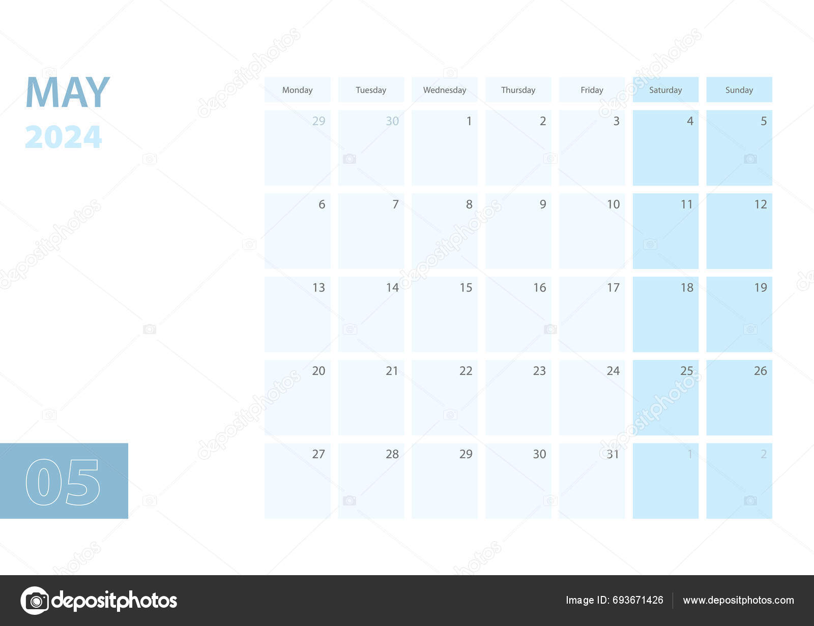 Kalender Skabelon Maj 2024 Ugen Starter Mandag Kalenderen Blåt ...