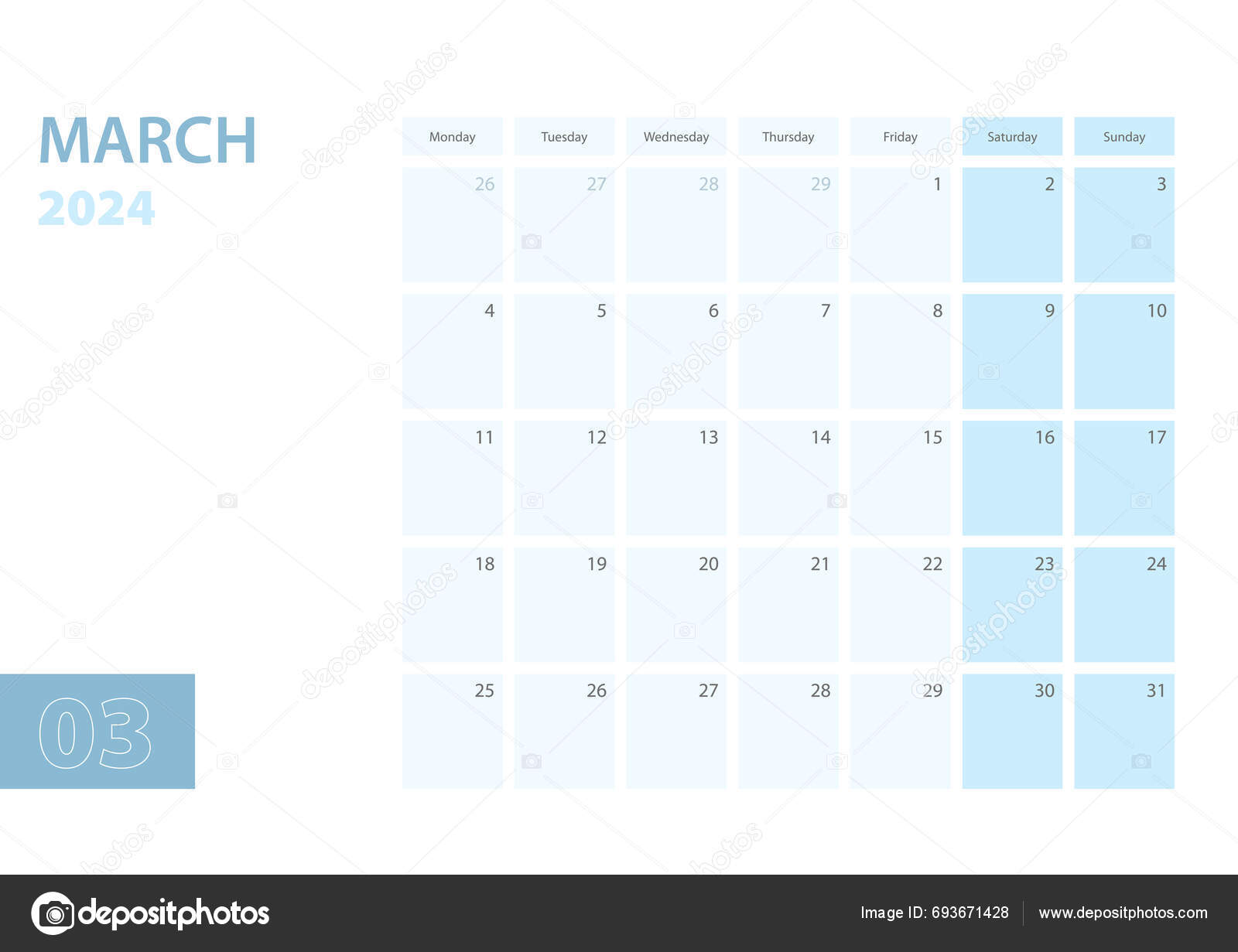 Plantilla Calendario Para Marzo 2024 Semana Comienza Lunes Calendario ...
