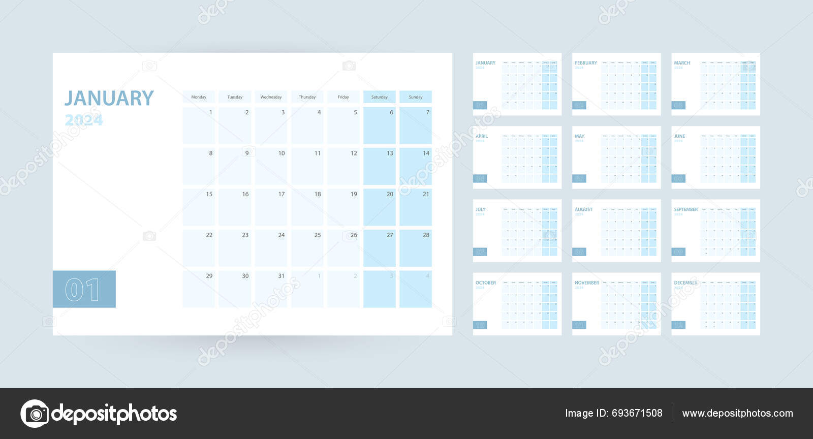 Maandelijkse Kalender Sjabloon Voor Het Jaar 2024 Week Begint Maandag ...