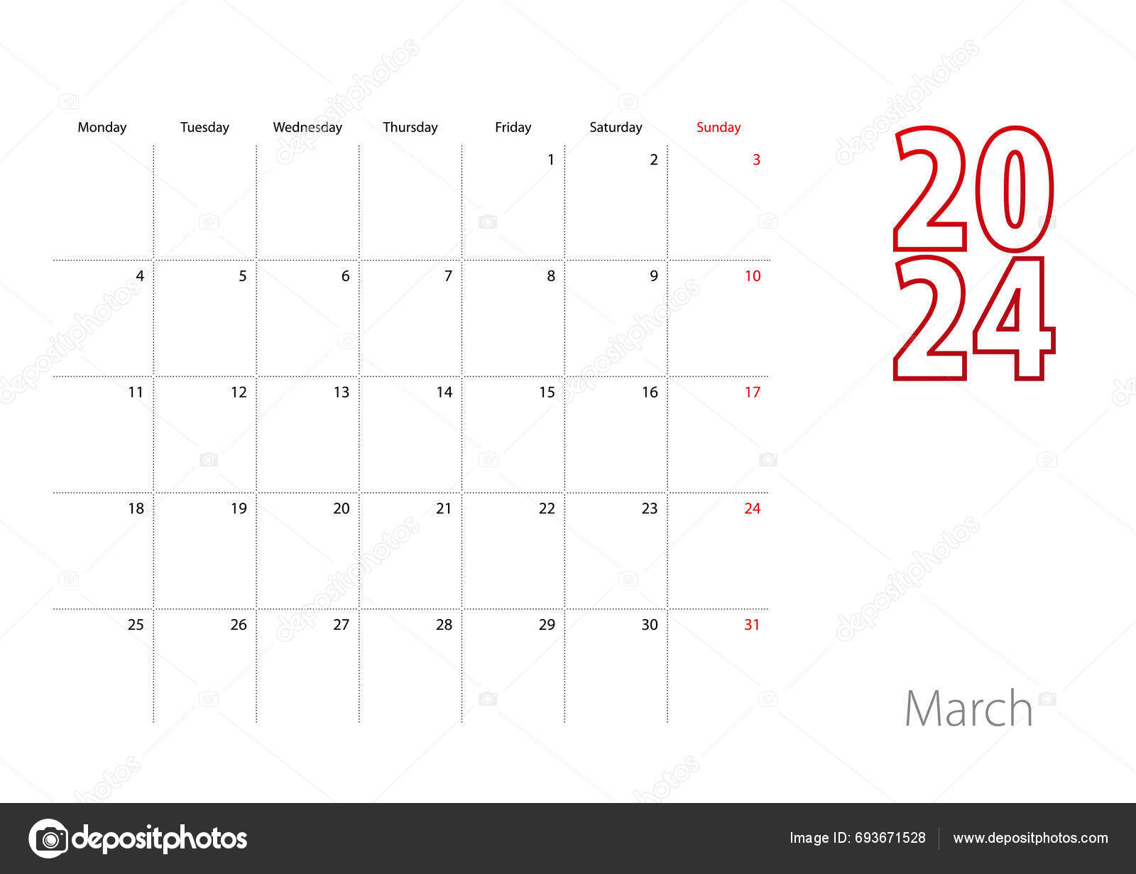 Kalender För Mars 2024 Modern Design Planerare Mall — stockvektor av ...