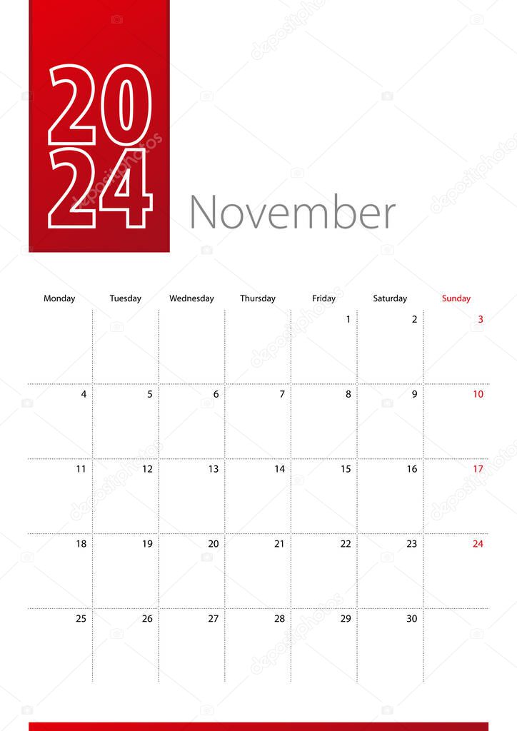 Vettoriale stockNovembre 2024 Disegno Del Calendario Settimana Inizia ...