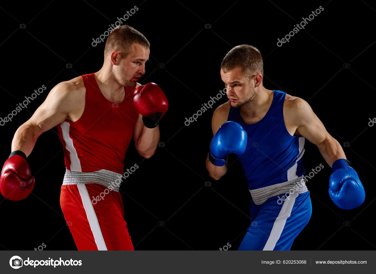 Male Professional Boxers Blue Red Sports Uniform Practicing Punch ...