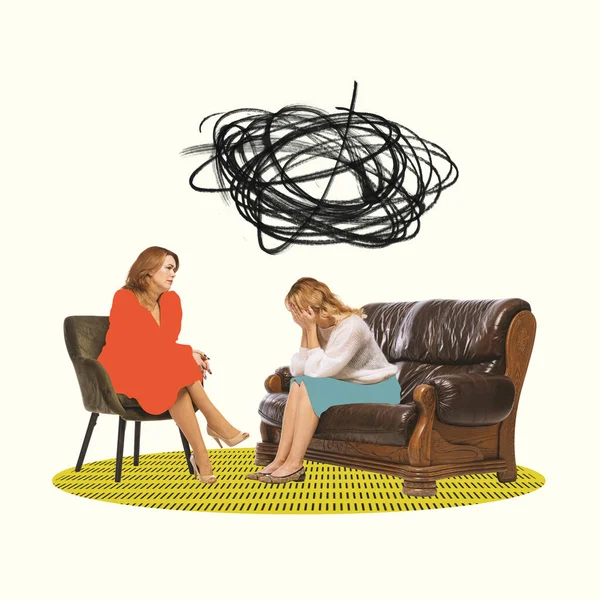 Contemporary art collage. Sad, desperate woman sitting on coach and ...