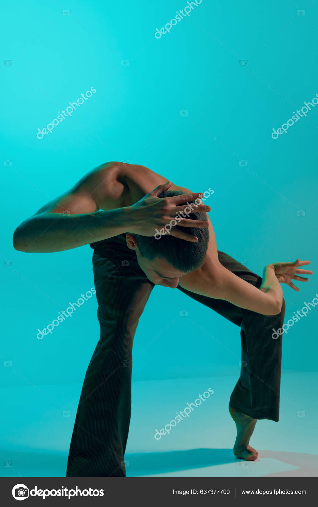 Contemporary Dance Style Young Flexible Man Dancing Shirtless Blue Cyan ...