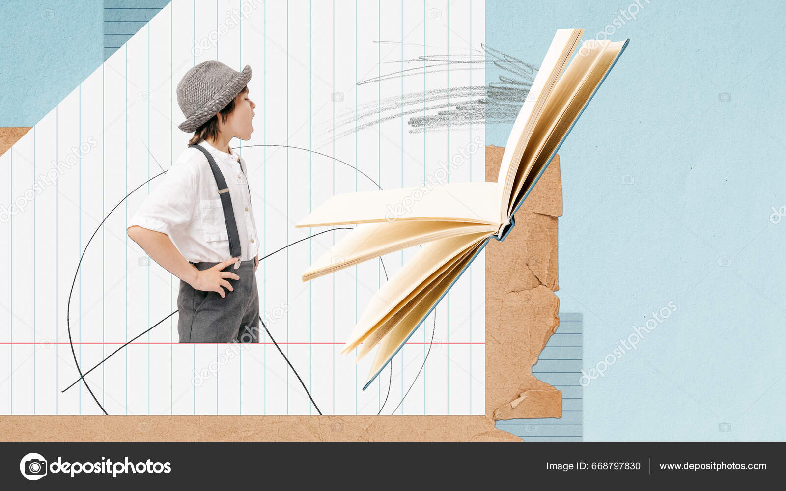 Conceptual Art Collage Retro Style Little Boy Child Doing Homework ...