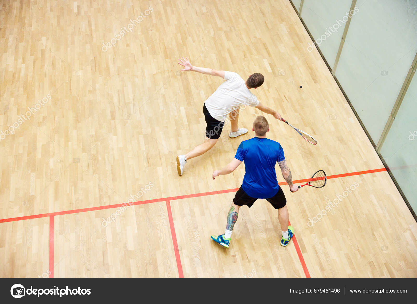 Top View Two Young Men Friends Sportsmen Playing Squash Squash — Stock ...