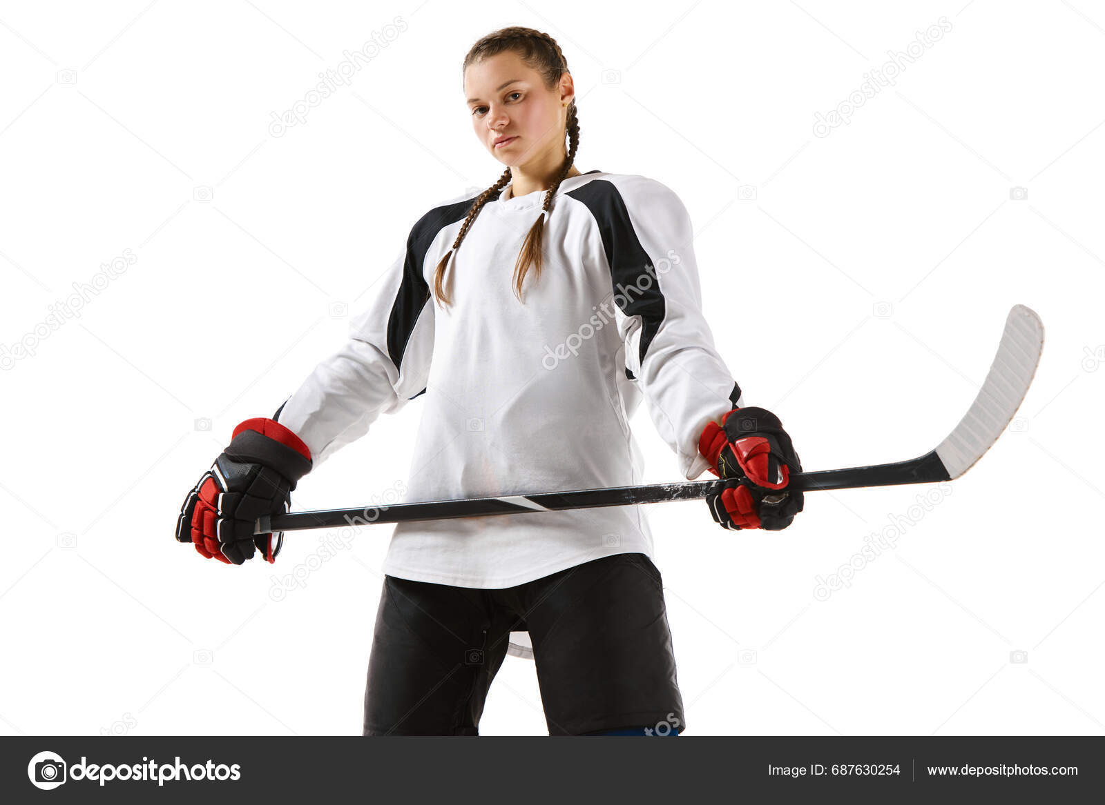 Young Girl Hockey Player Uniform Standing Stick Posing Isolated White ...
