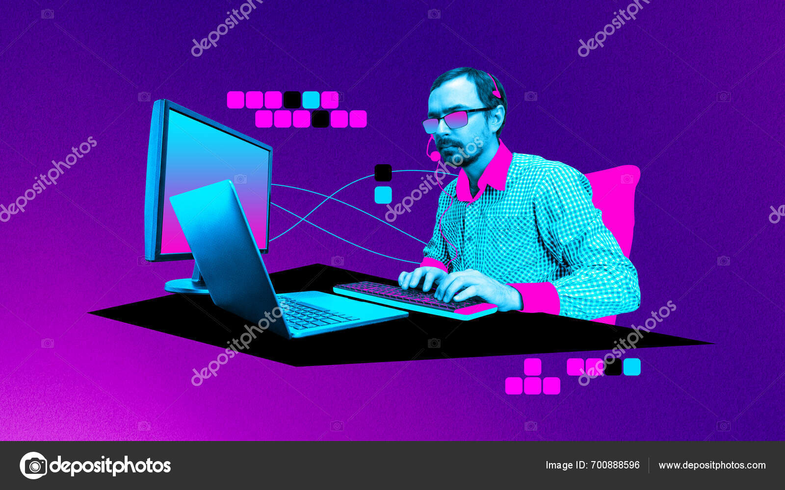 Man Streamer Programmer Headphones Typing Keyboard Monitor Laptop ...