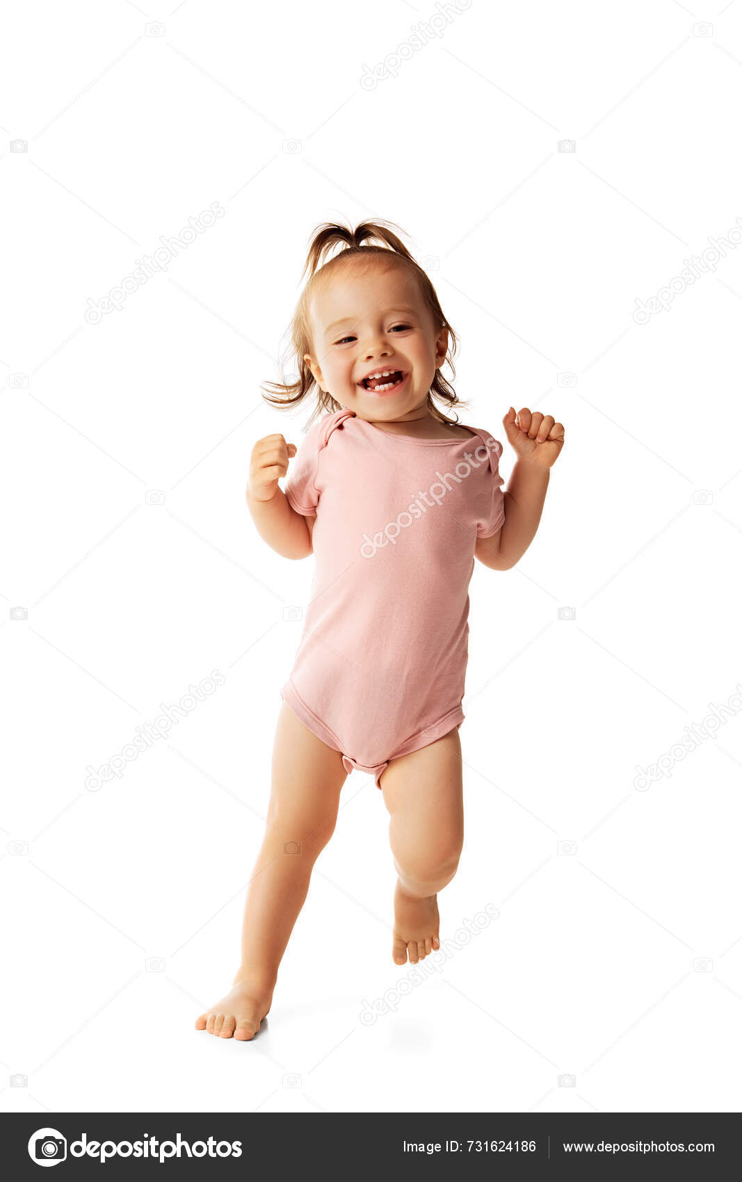 Making First Steps Happy Smiling Baby Girl Pink Bodysuit Walking ...