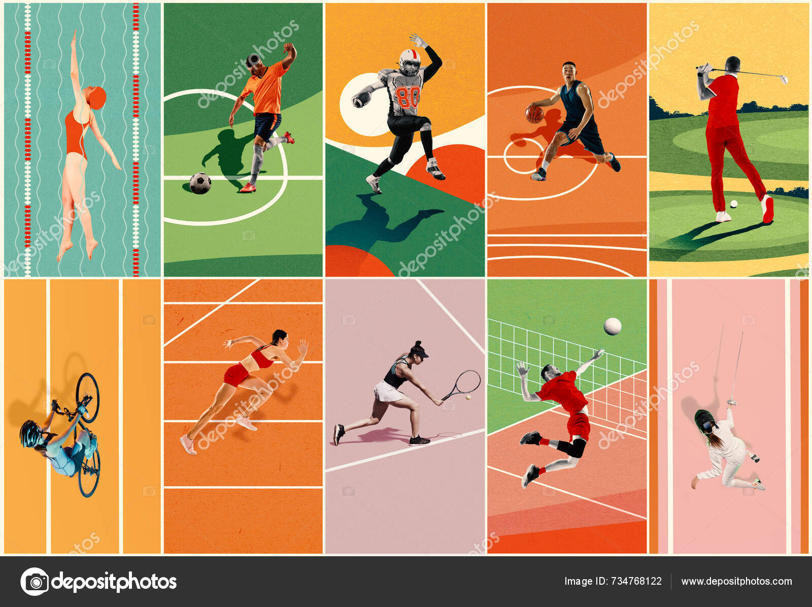 Colorful Collage Multiple Athletes Men Women Performing Various Sports ...