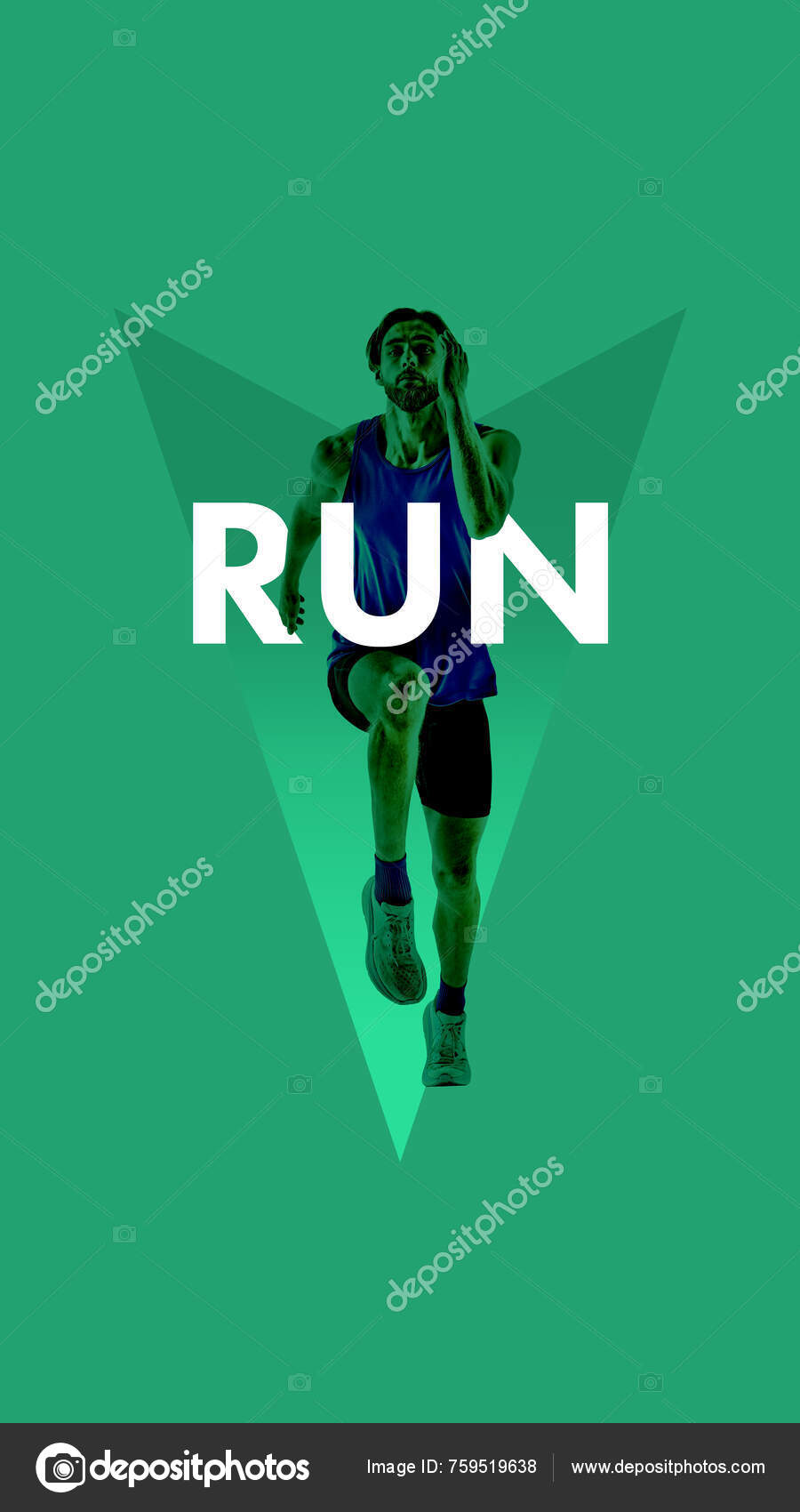 Muscular Man Focused Runner Motion Running Fast Green Background ...
