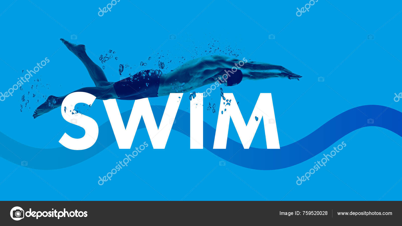 Muscular Man Professional Swimmer Motion Swimming Blue Background ...