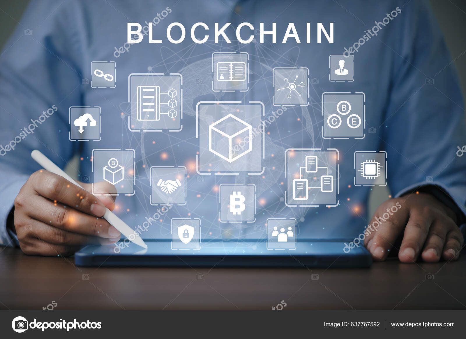 Blockchain System Technology Concept Virtual Screen Infographic Icon ...