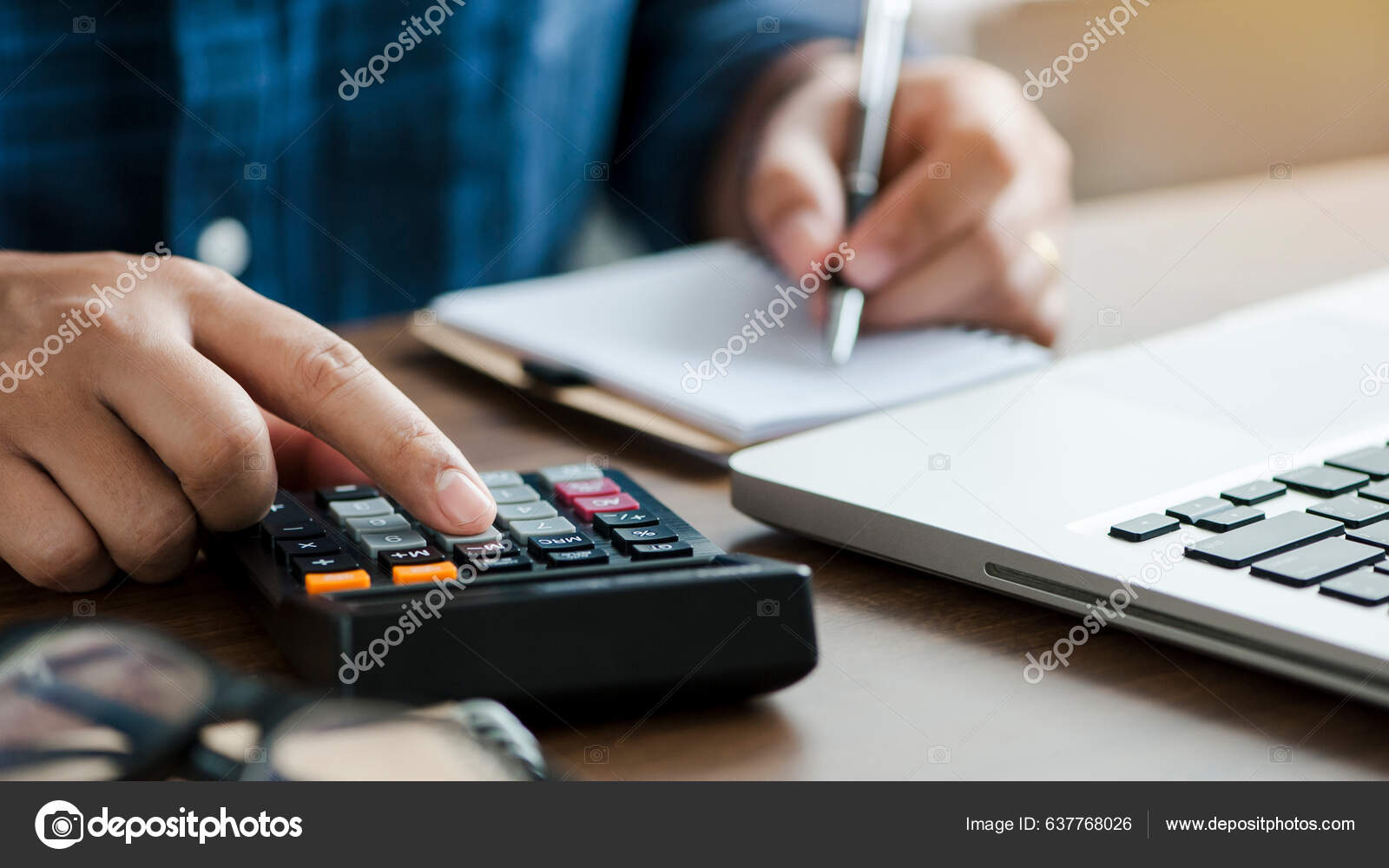 Young Man Holding Pen Fill Out Document Take Note Calculate — Stock ...