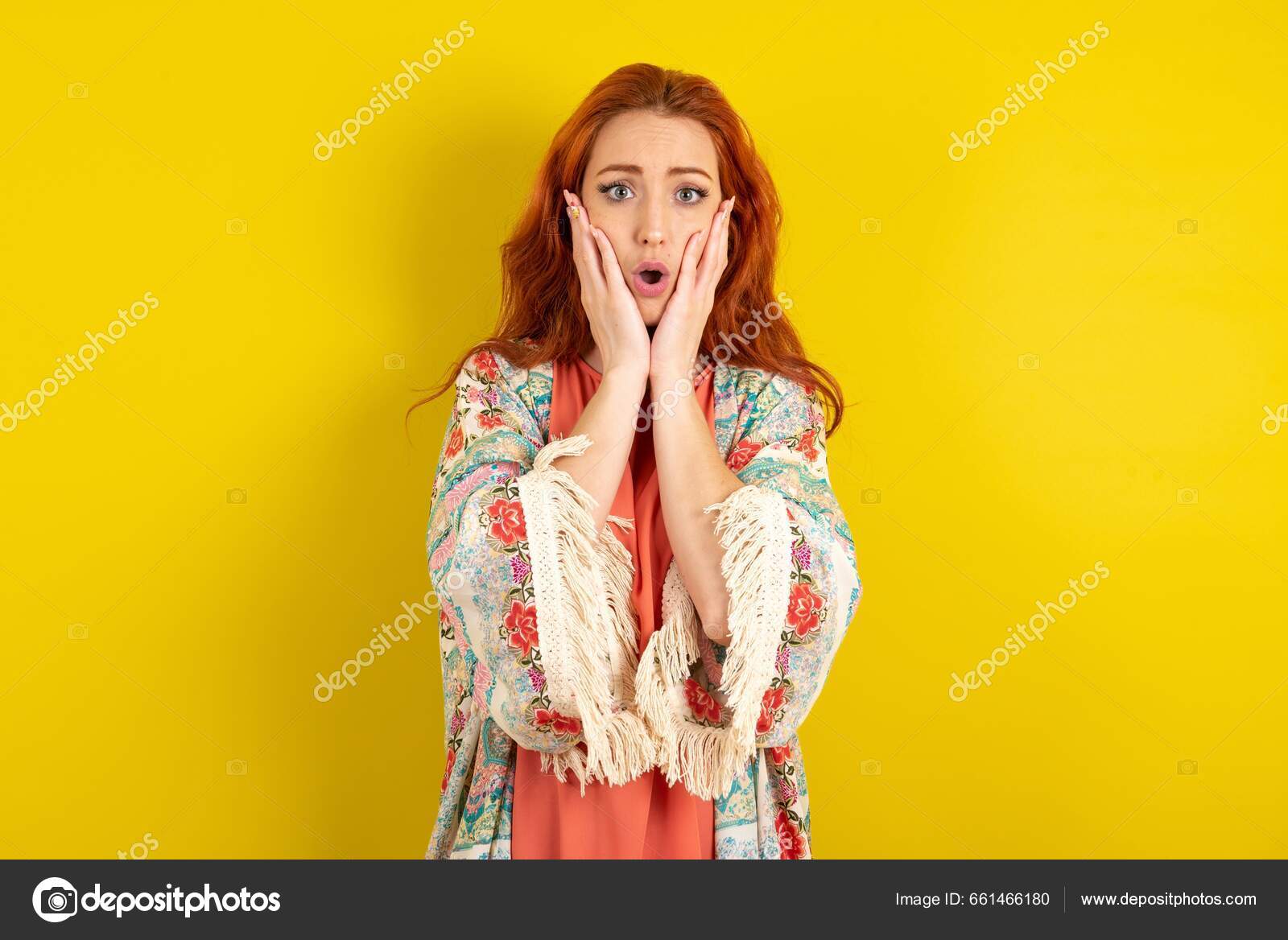 Scared Terrified Red Haired Woman Standing Yellow Studio Background ...