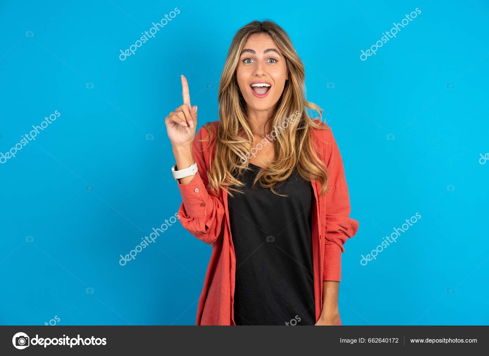 Blonde Woman Wearing Overshirt Pointing Finger Looking Inspired Genius Thought Stock Photo by ...