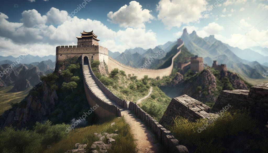 Vista panorámica de la magnífica Gran Muralla de China con un cielo azul claro y nubes blancas ...
