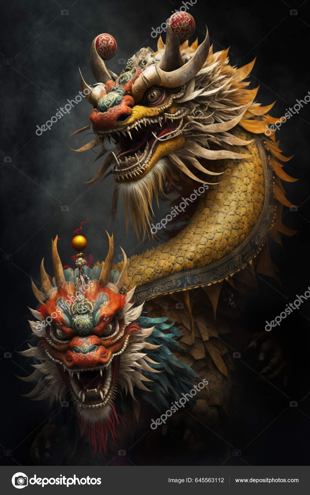 Dynamic Performance Chinese Dragon Lion Dance Featuring Intimidating ...