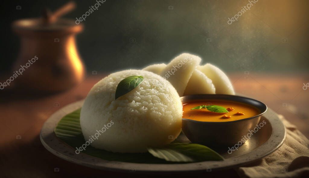 Idlis, un plato indio popular, servido caliente al vapor sobre un telón ...