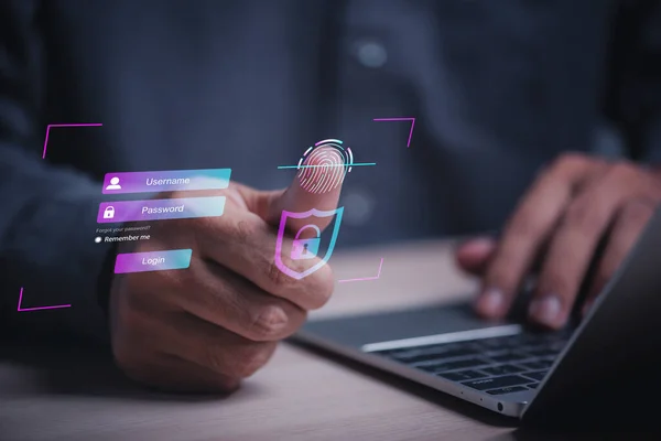 businessman using finger print scan method to login access security ...
