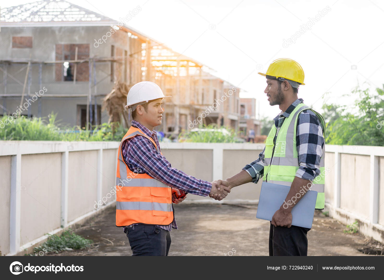 Smiling Engineers Holding Hands Construction Site Happy Architects ...