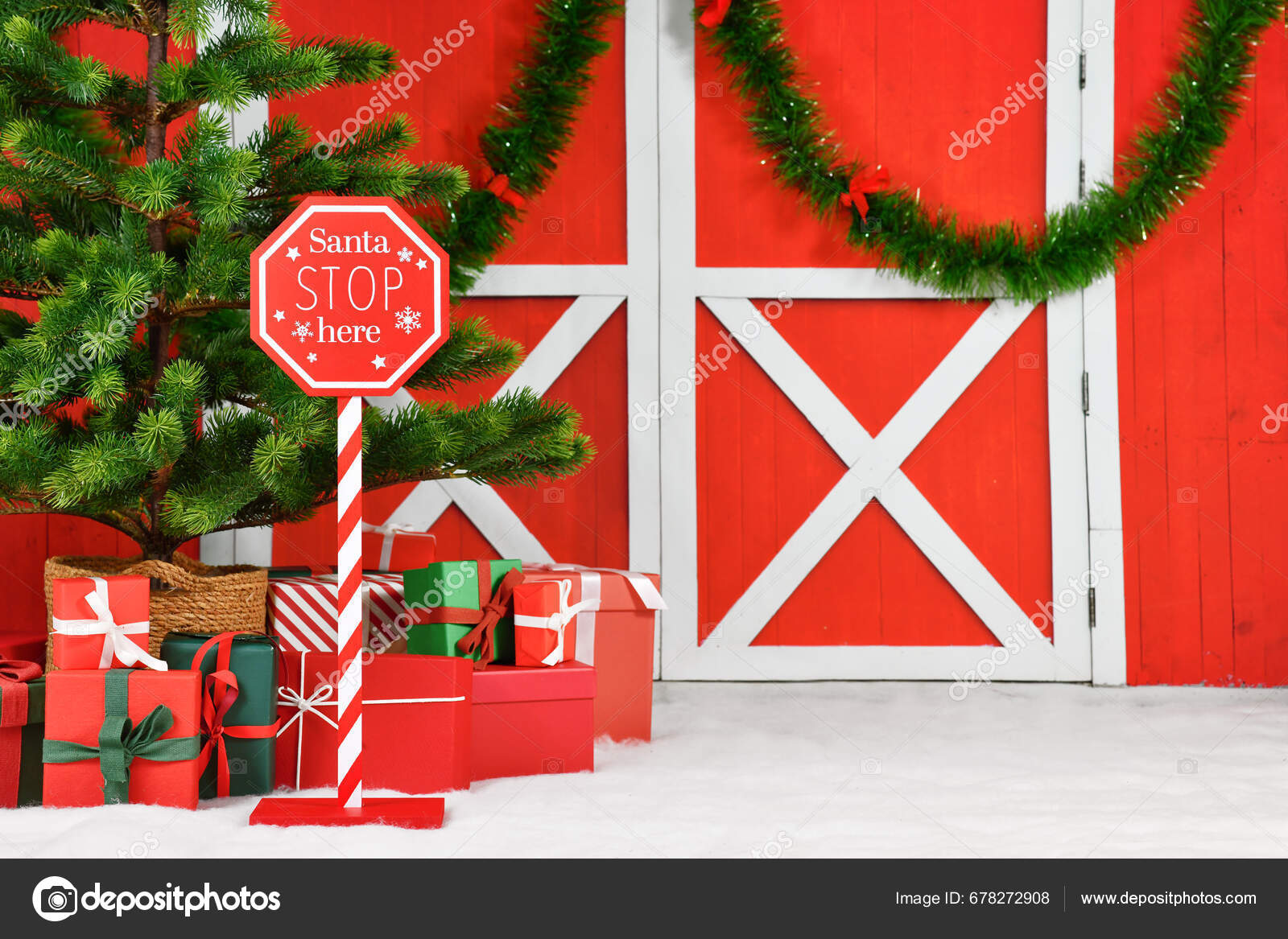 Christmas Background Santa Stop Sign Gift Boxes Christmas Tree Front ...