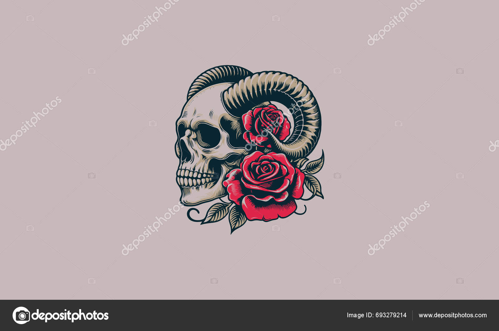 Head Skull Horn Red Rose Vector Tattoo Design Stock Vector by ...