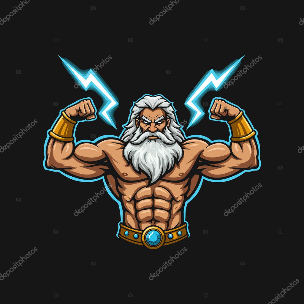 A powerful, muscular god figure flexing his biceps with lightning bolts ...