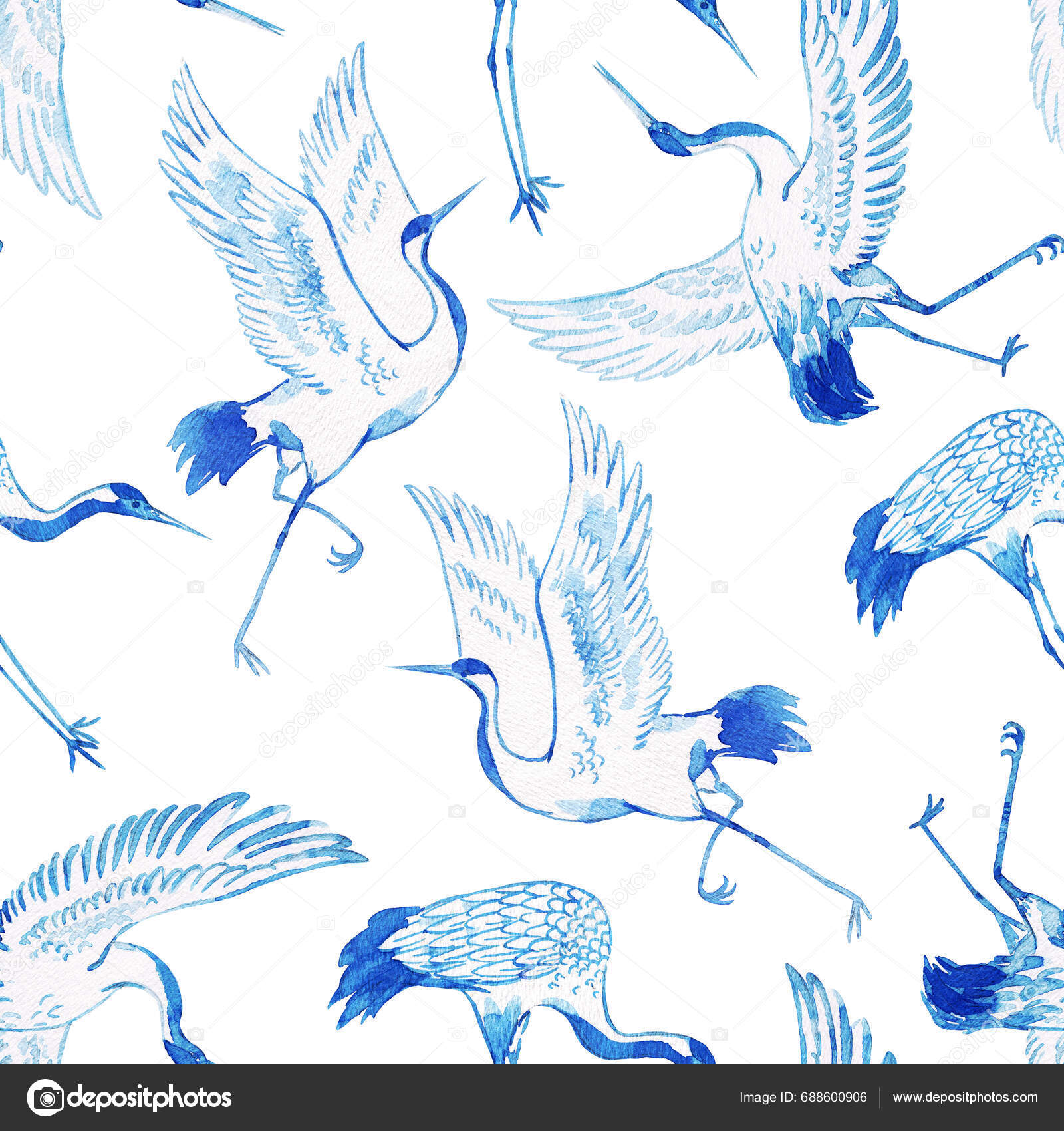 Beautiful Seamless Pattern Watercolor Crane Birds Stock Illustration ...