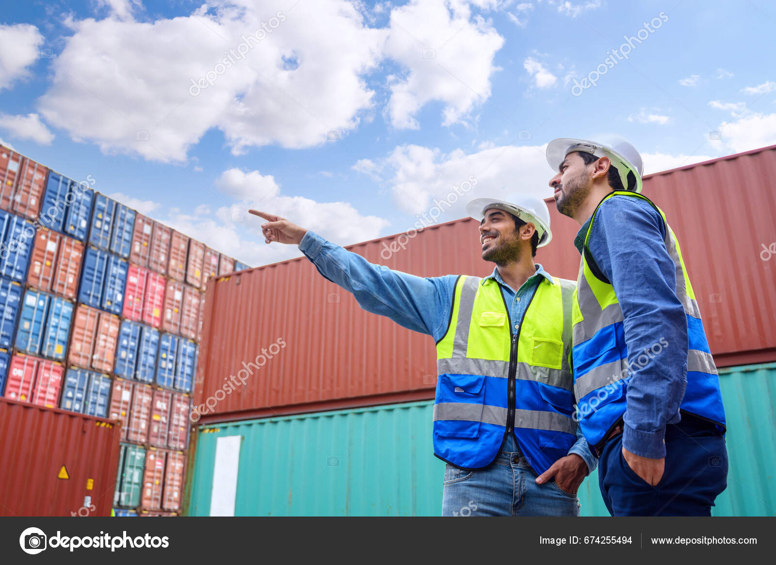 Professional Two Engineers Foreman Container Cargo Wearing White ...
