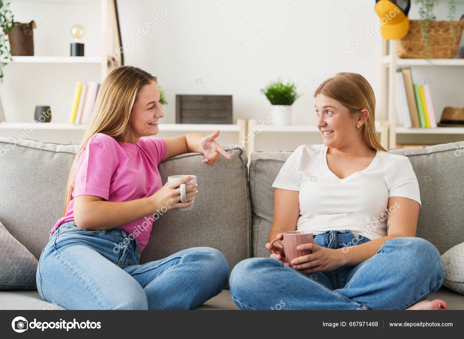 Two Female Friends Talking While Sitting Sofa Young Adult Women — Stock ...