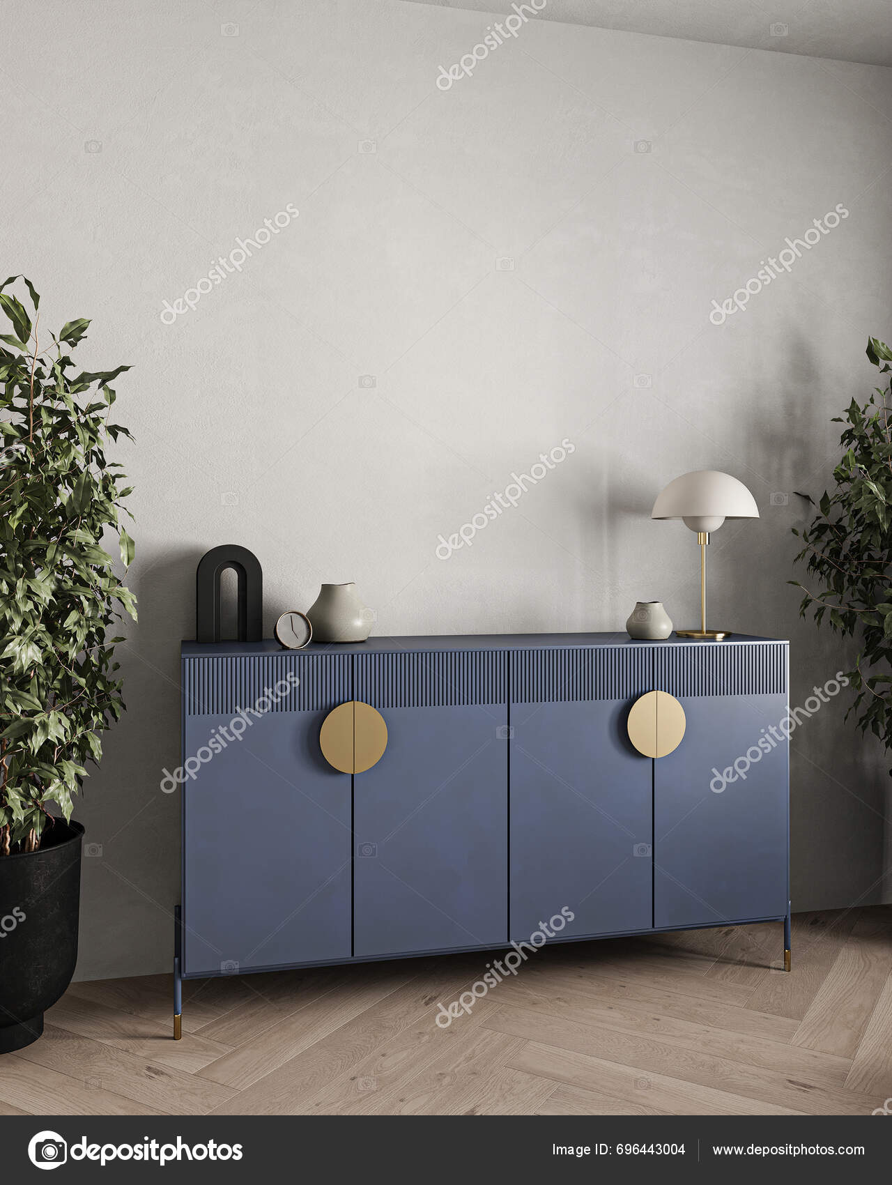 Modern Interior Showcases Blue Sideboard Gold Details Complemented Lush ...
