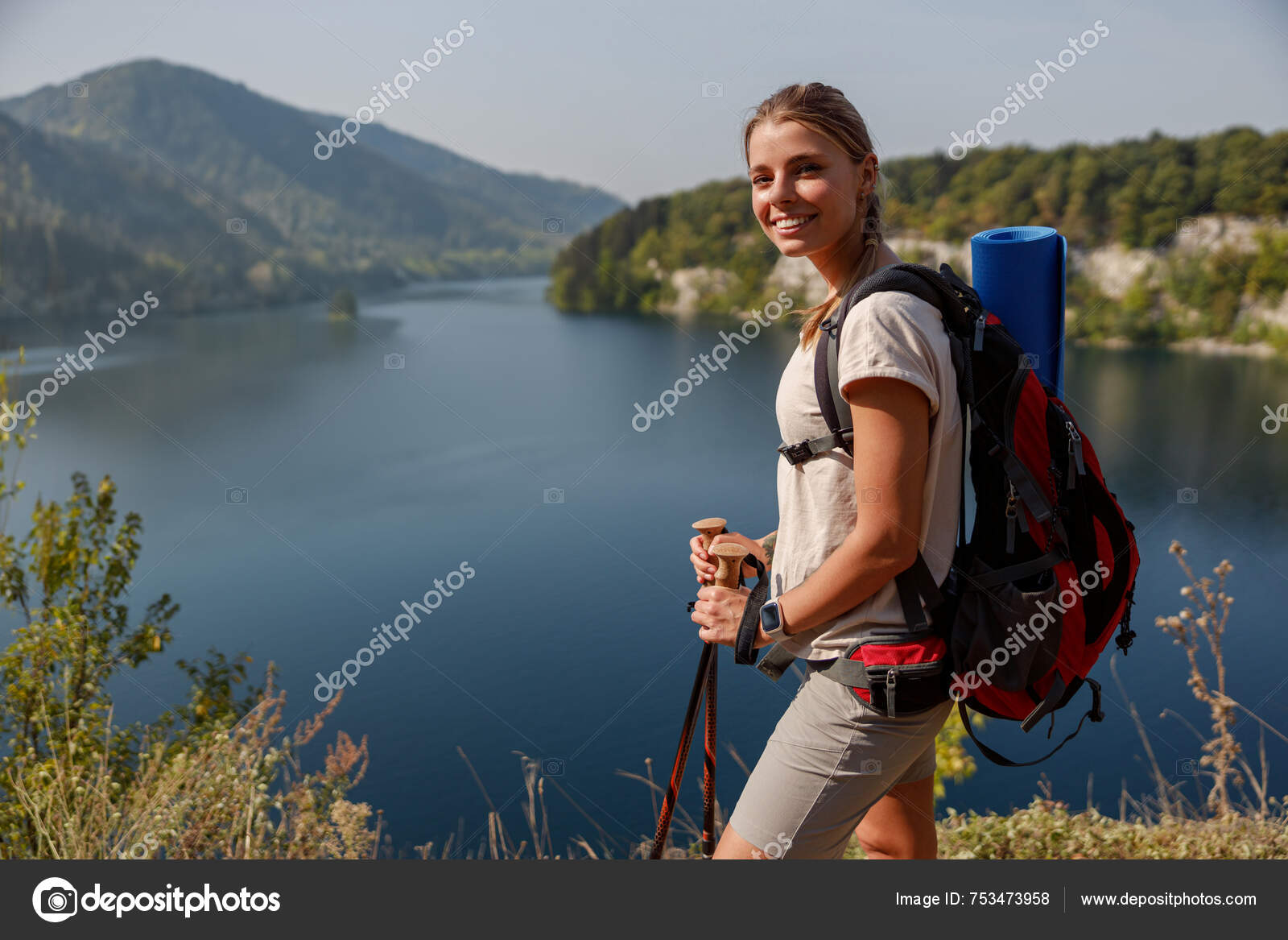 Young Woman Stylish Backpack Poses Gracefully Serene Picturesque Lake ...