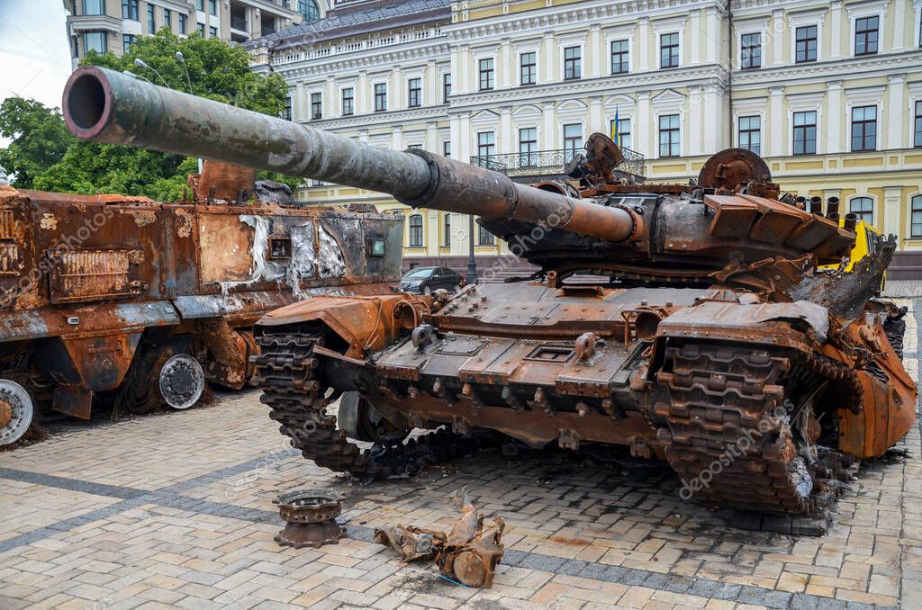 Burned and exploded tank -72B destroyed as a result artillery strike on ...