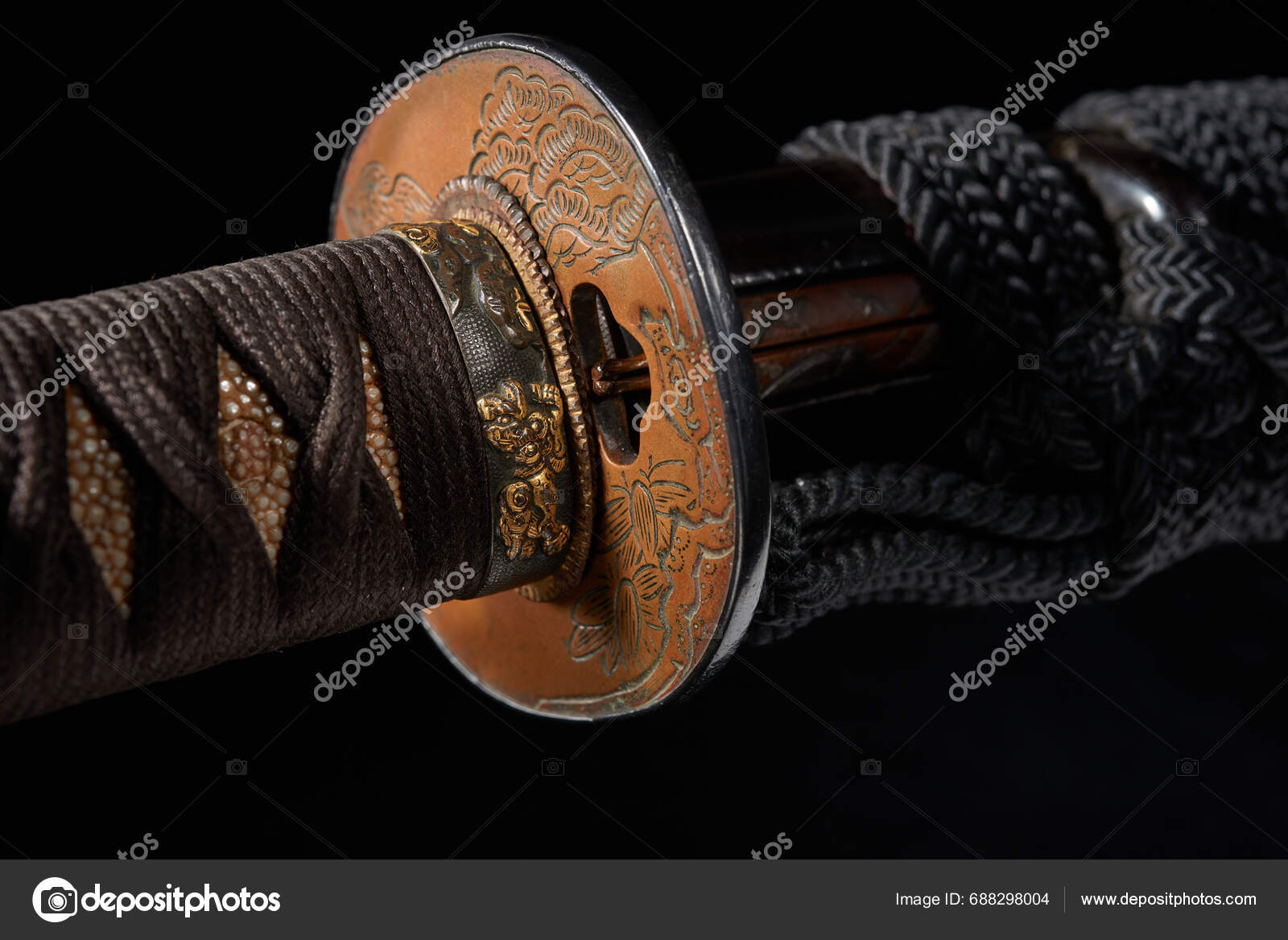 Antique Handle Katana Sword Brown Binding Gold Engraving — Stock Photo ...