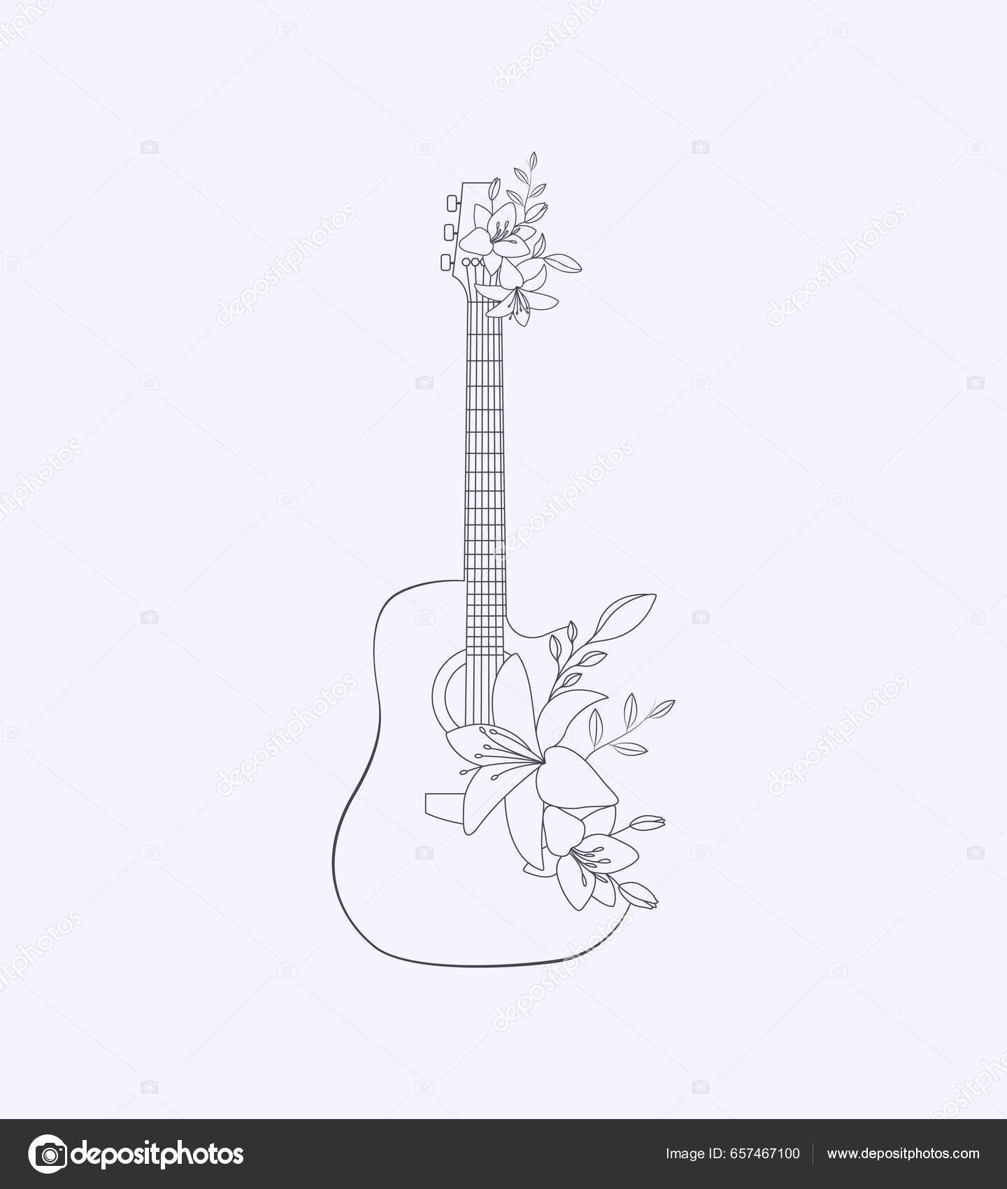 Flowers Guitar Minimalist Hand Drawn Line Art Illustration Musical ...