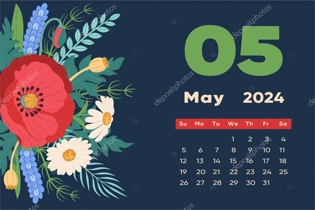 Floral mayo 2024 plantilla de calendario. Con flores y hojas de colores ...
