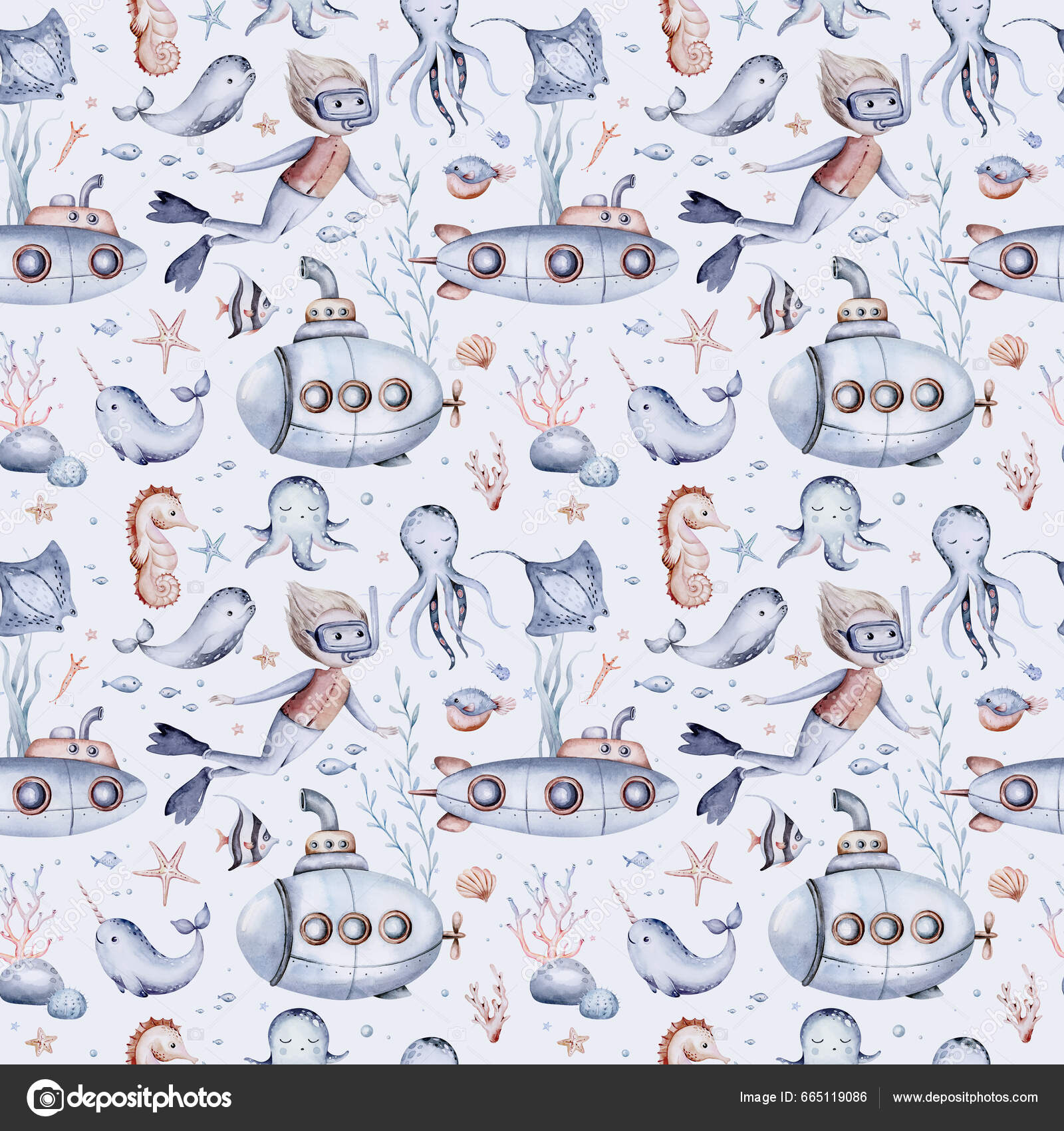 Watercolor Seamless Pattern Cute Cartoon Snorkeling Scuba Diver Kids ...