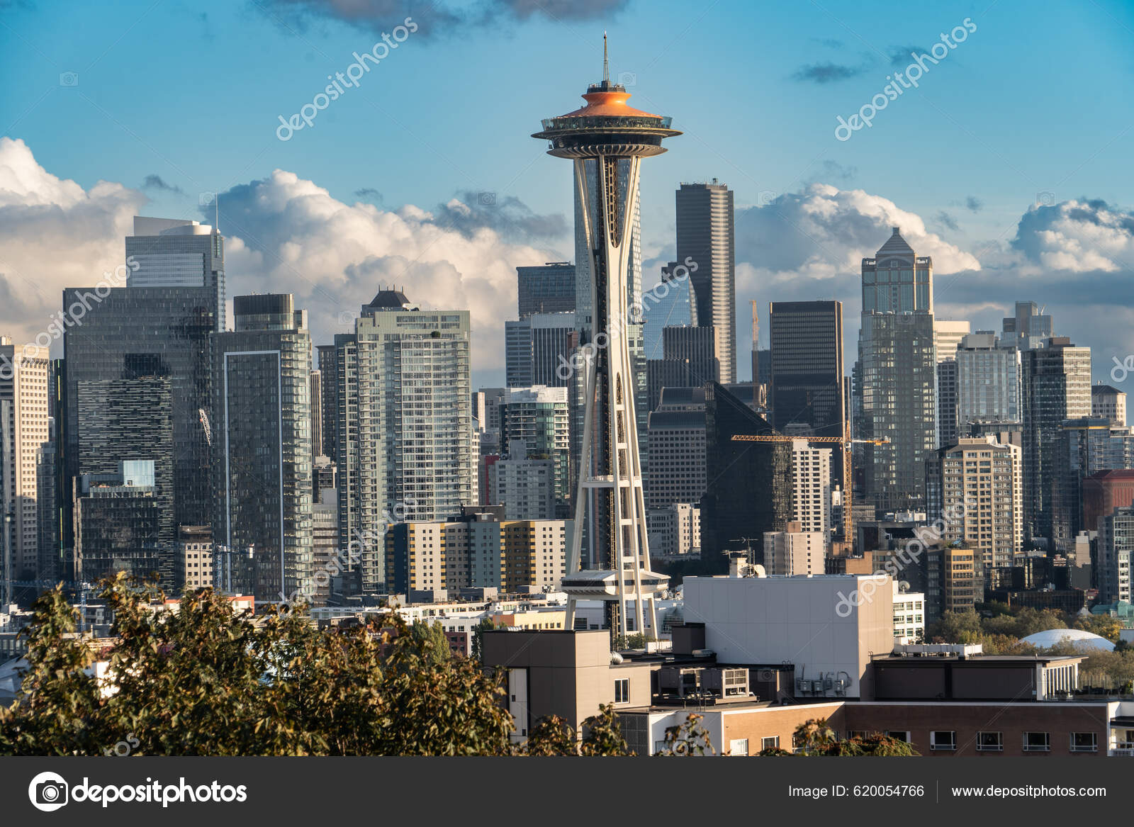 Seattle Skyline Space Needle Downtown Skyscrapers Sunset Stock Photo by ...