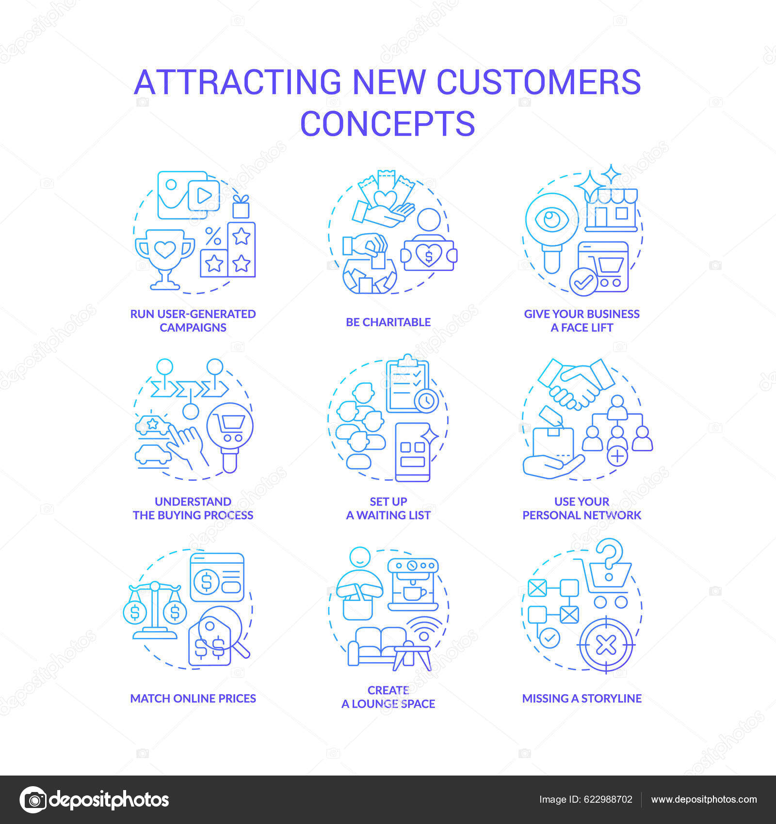 Attracting New Customers Blue Gradient Concept Icons Set Finding Clients Stock Vector Image by ...