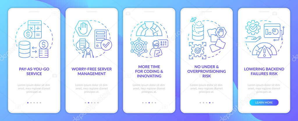 Computing cloud pros blue gradient onboarding mobile app screen. Serverless walkthrough 5 steps ...