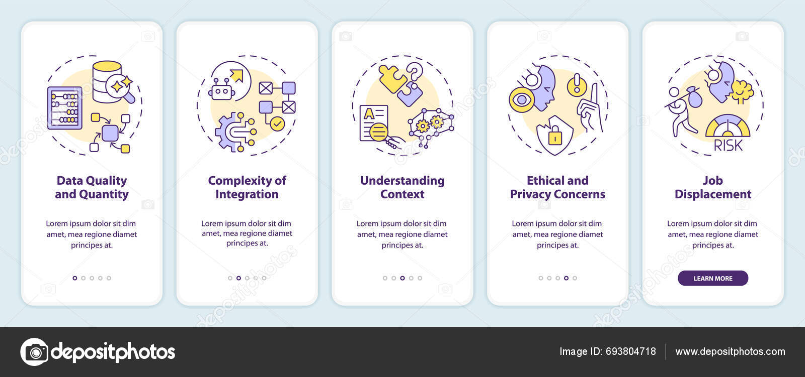 Icons Representing Challenges Cognitive Computing Mobile App Screen Set Walkthrough Stock Vector