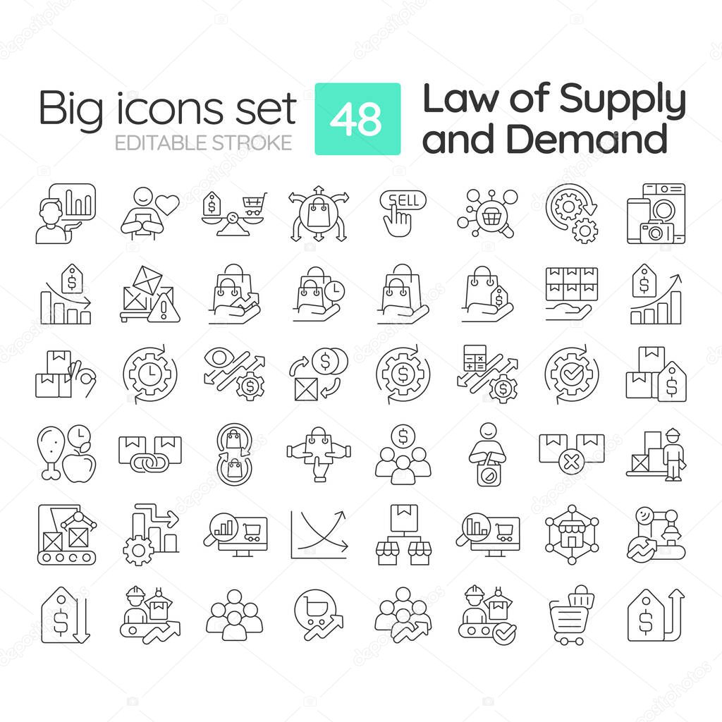 Conjunto de iconos lineales de principios microeconómicos. Ley de ...