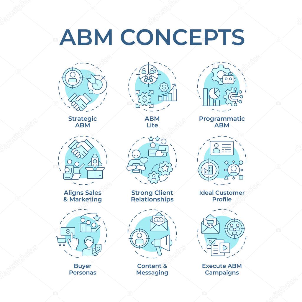 ABM iconos concepto azul suave. Estrategia publicitaria ...