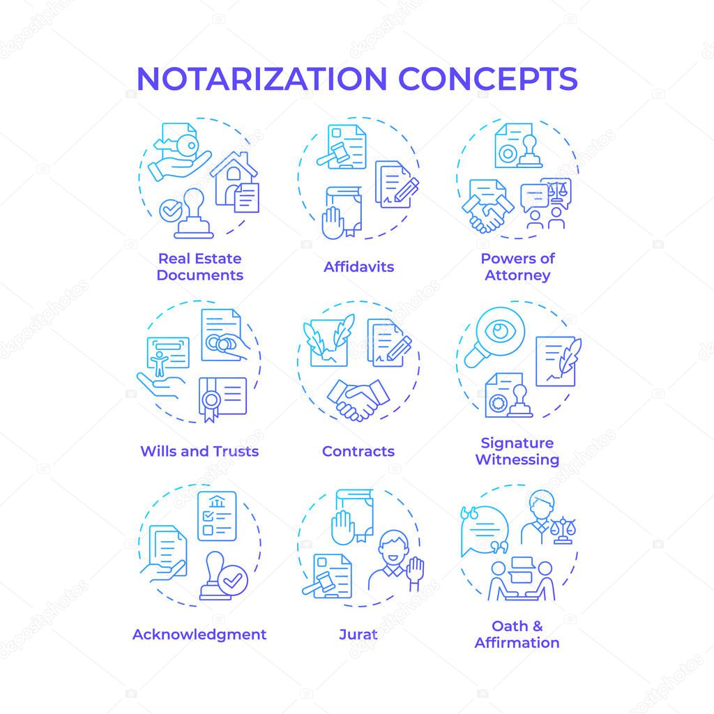 Notarización iconos de concepto de gradiente azul. Negocios ...