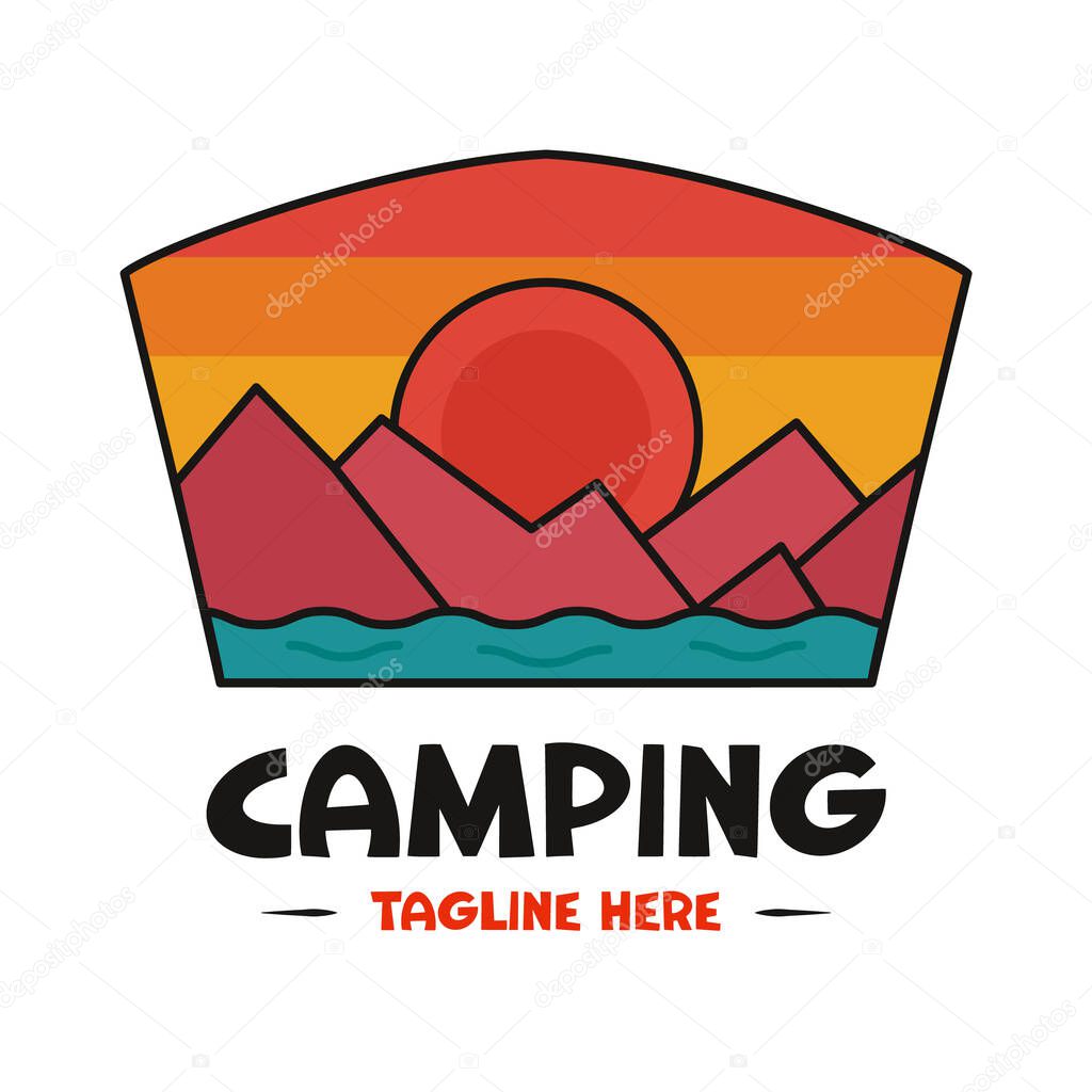 Dise o de insignia de camping con monta as y sol. Logotipos gr ficos ...