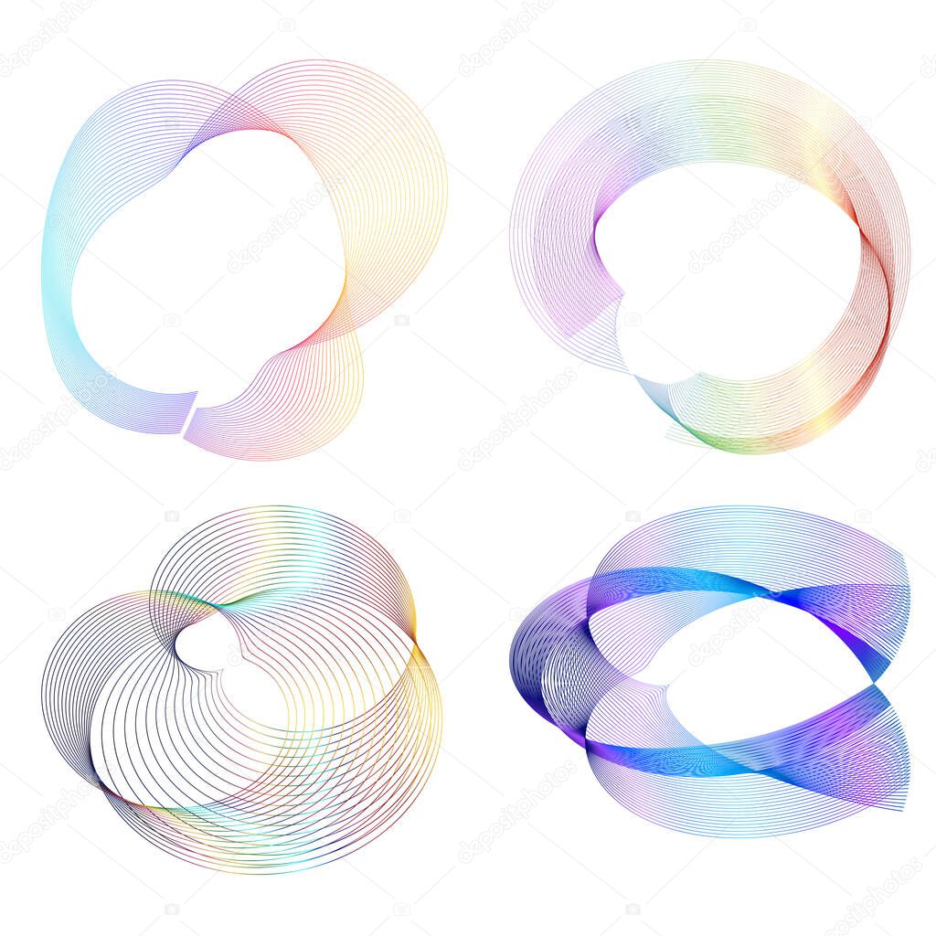 Elementos de diseño. Ola de muchas líneas púrpuras anillo círculo. Rayas onduladas verticales ...