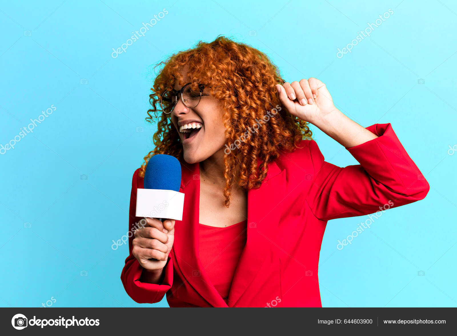 Red Hair Pretty Journalist Presenter Woman Micro — Stock Photo © kues ...