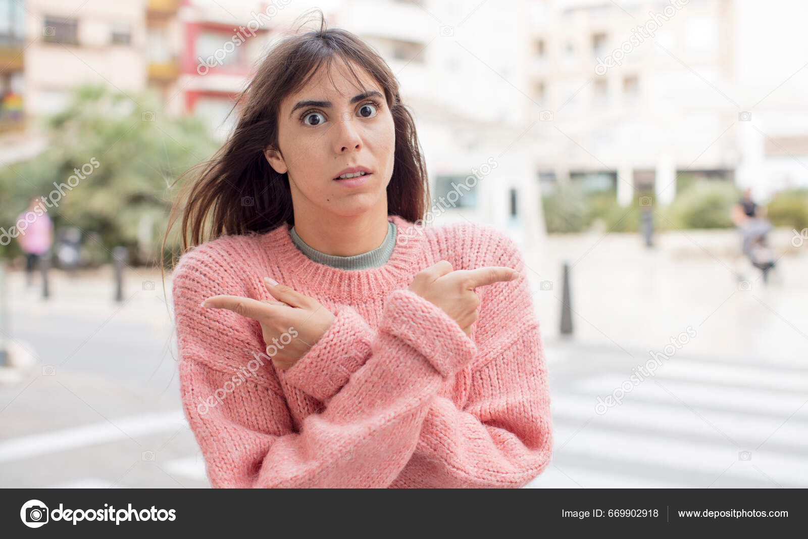 Pretty Young Woman Looking Puzzled Confused Insecure Pointing ...