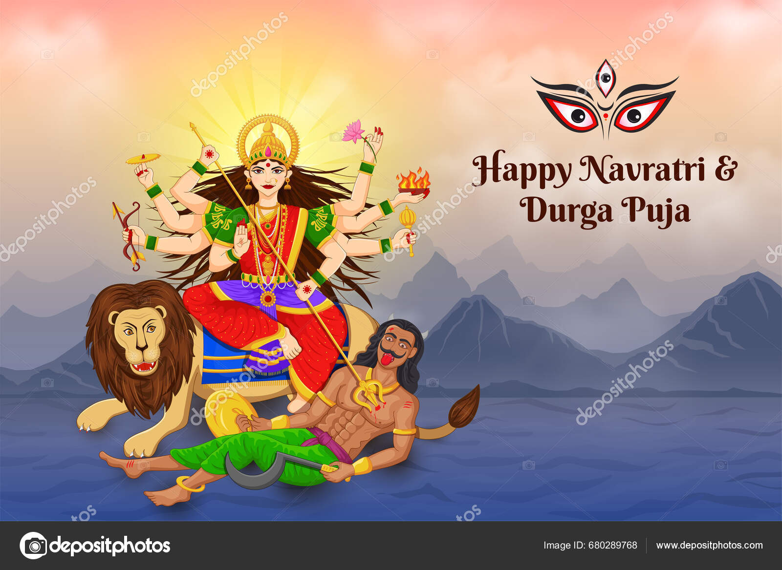 Goddess Durga Killing Mahishasura Happy Navratri Durga Puja Festival Stock Vector By